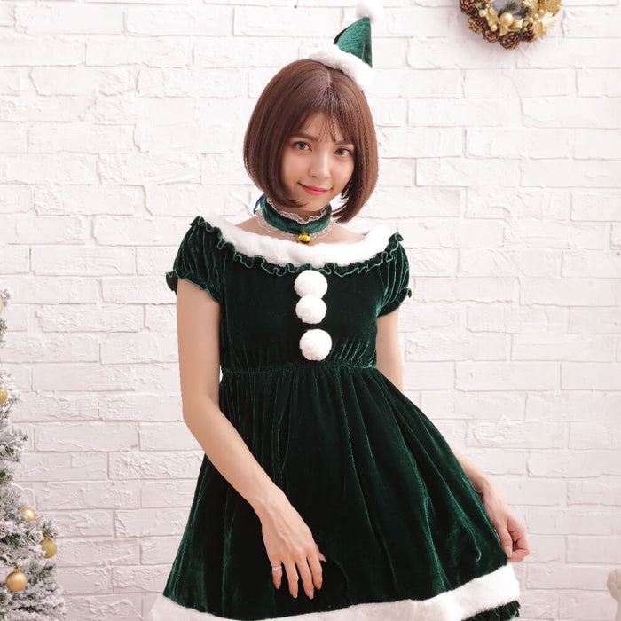 A-line puff sleeve santa dress with choker and mini hat pylon girl ...